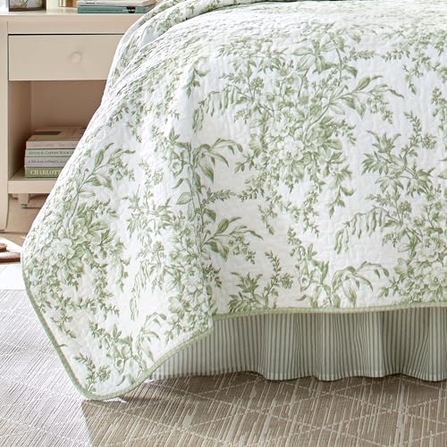 Laura Ashley - Queen Quilt Set, Reversible Cotton Bedding with Matching Shams, Lightweight Home Decor for All Seasons (Bedford Green/Off-White, Queen)