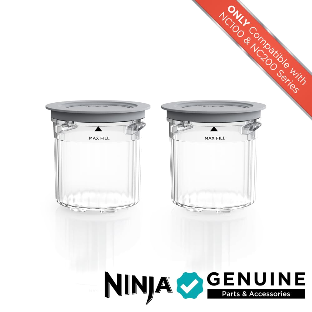 Ninja CREAMi Breeze Pints 2 Pack, Compatible with NC100 & NC200 Series CREAMi Ice Cream Makers, Genuine Ninja Pint, BPA-Free & Dishwasher Safe, Grey Lids, 1 Pint Each, Clear/Grey, XSKNC1PNT2