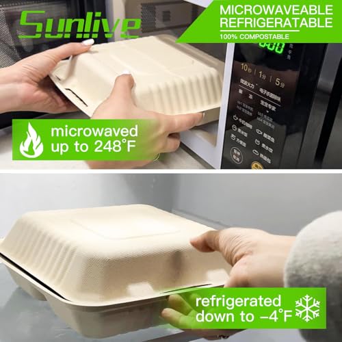 Sunlive 100% Home Compostable 50 Pack Disposable Clamshell Take Out Food Containers, 8X8'' 3-Compartment to go Containers, Biodegradable Heavy-Duty to go Boxes, Made of Sugarcane Fibers