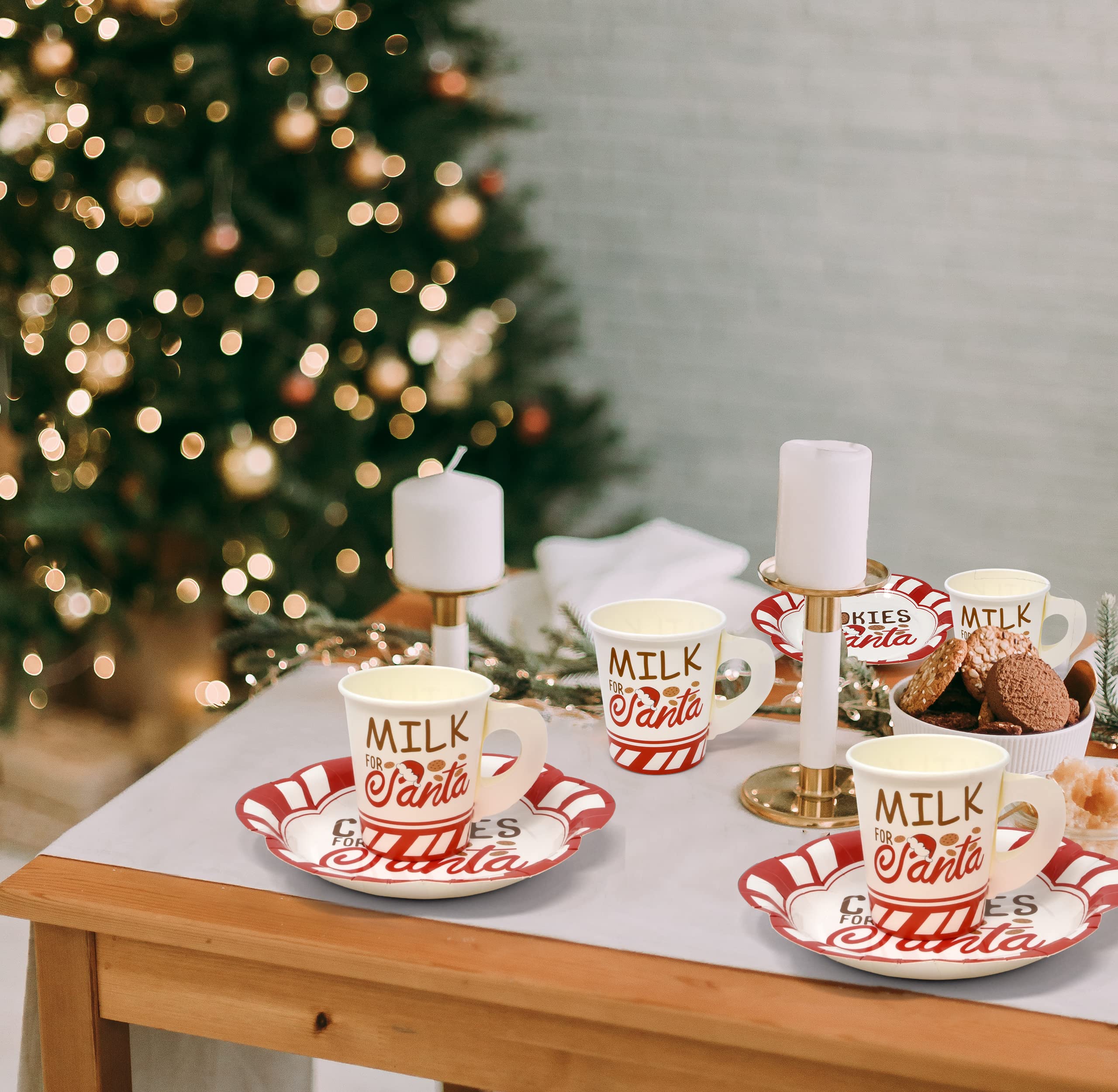 Gift Boutique 24 Disposable Xmas Santa Milk & Cookies Cup & Saucers Set 7 Oz Paper Mug with Handle 7" Scallop Shaped Saucer Plate for Tea Hot Cocoa Chocolate Coffee Mugs Holiday Xmas Dinner Supply