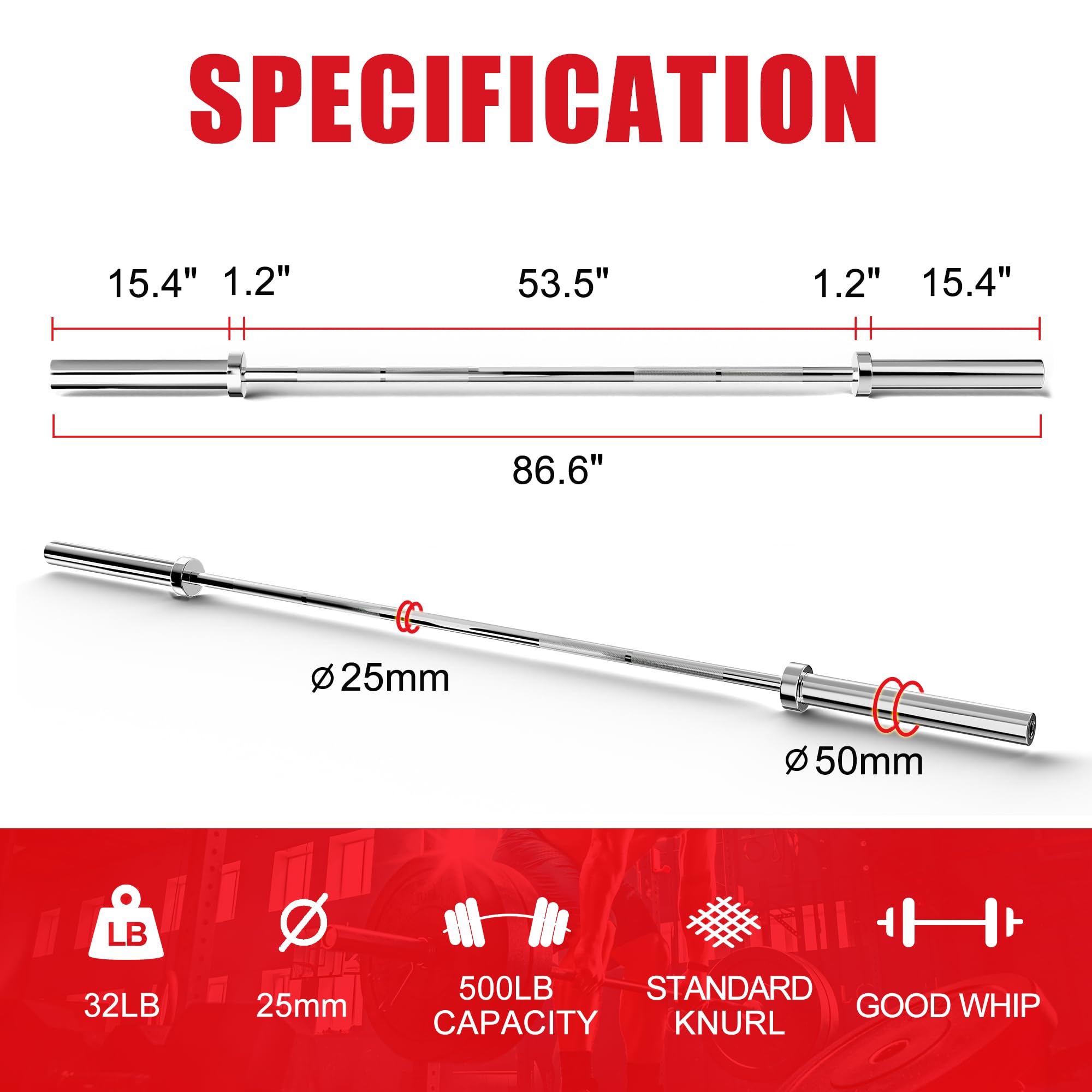 Olympic Barbell Weight Bar for Weightlifting, Bench Press Bar 7ft/6ft/5ft for Strength Training, Rated 700lbs/500lbs/400lbs Weight Capacity