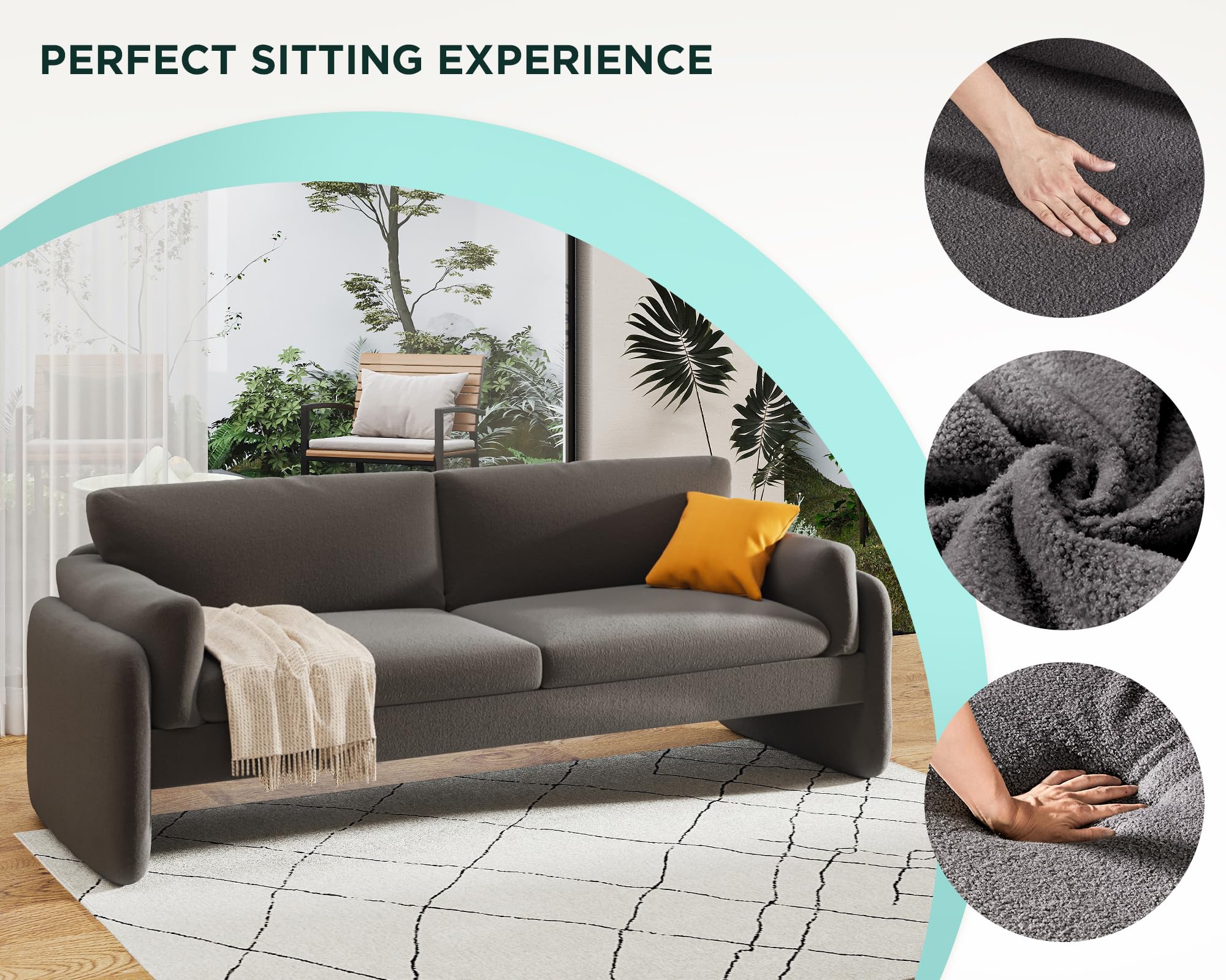papababe Sofa Couch, Modern Couches with Embedded Armrest, 3-Seater Couch for Living Room, Grey Bouclé Cozy Couch