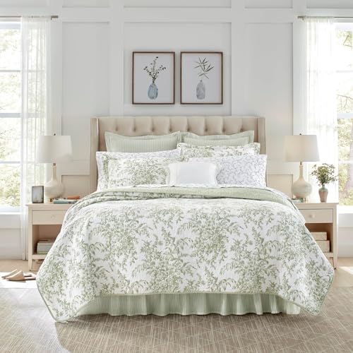 Laura Ashley - Queen Quilt Set, Reversible Cotton Bedding with Matching Shams, Lightweight Home Decor for All Seasons (Bedford Green/Off-White, Queen)