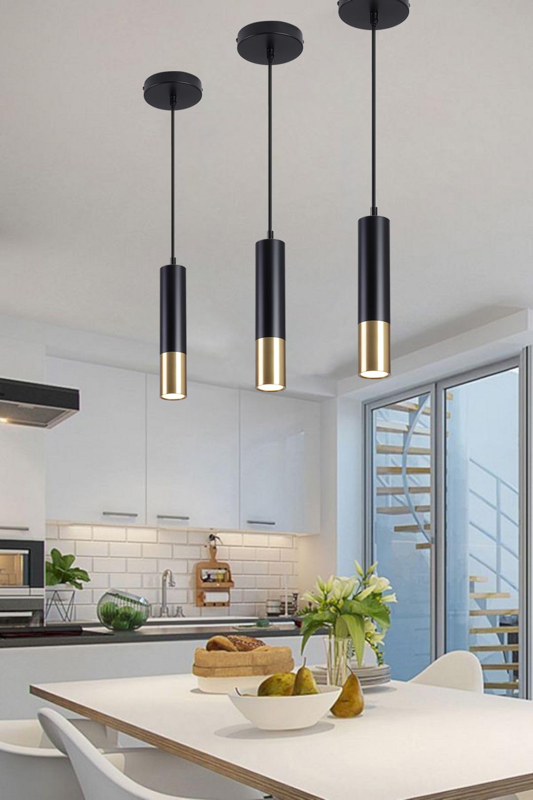 COTULIN 3 Pack LED Kitchen Island Pendant Lights,Modern Black Gold Bar Pendant Light,3000K Small Hanging Light Fixture for Bedroom Bedside Living Room Dining Room