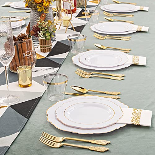 WDF 50Guest Gold Plastic Plates - Disposable White and Gold Plastic Plates include 100Plates, 150Gold Plastic Silverware, 50Cups, 50Napkins Plates for Wedding&Parties
