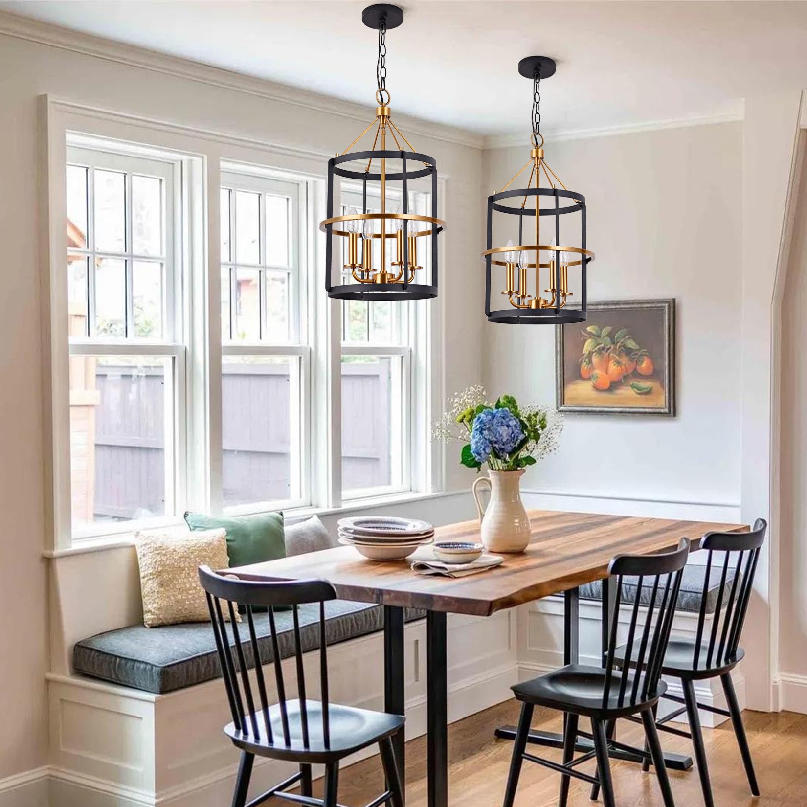 Modern Chandelier,4-Light Lantern Pendant Light,Matte Black and Brass Finish, Light Fixtures Ceiling Hanging,Chandelier Light Fixture for DiningRoom,Kitchen,Foyer,Entryway