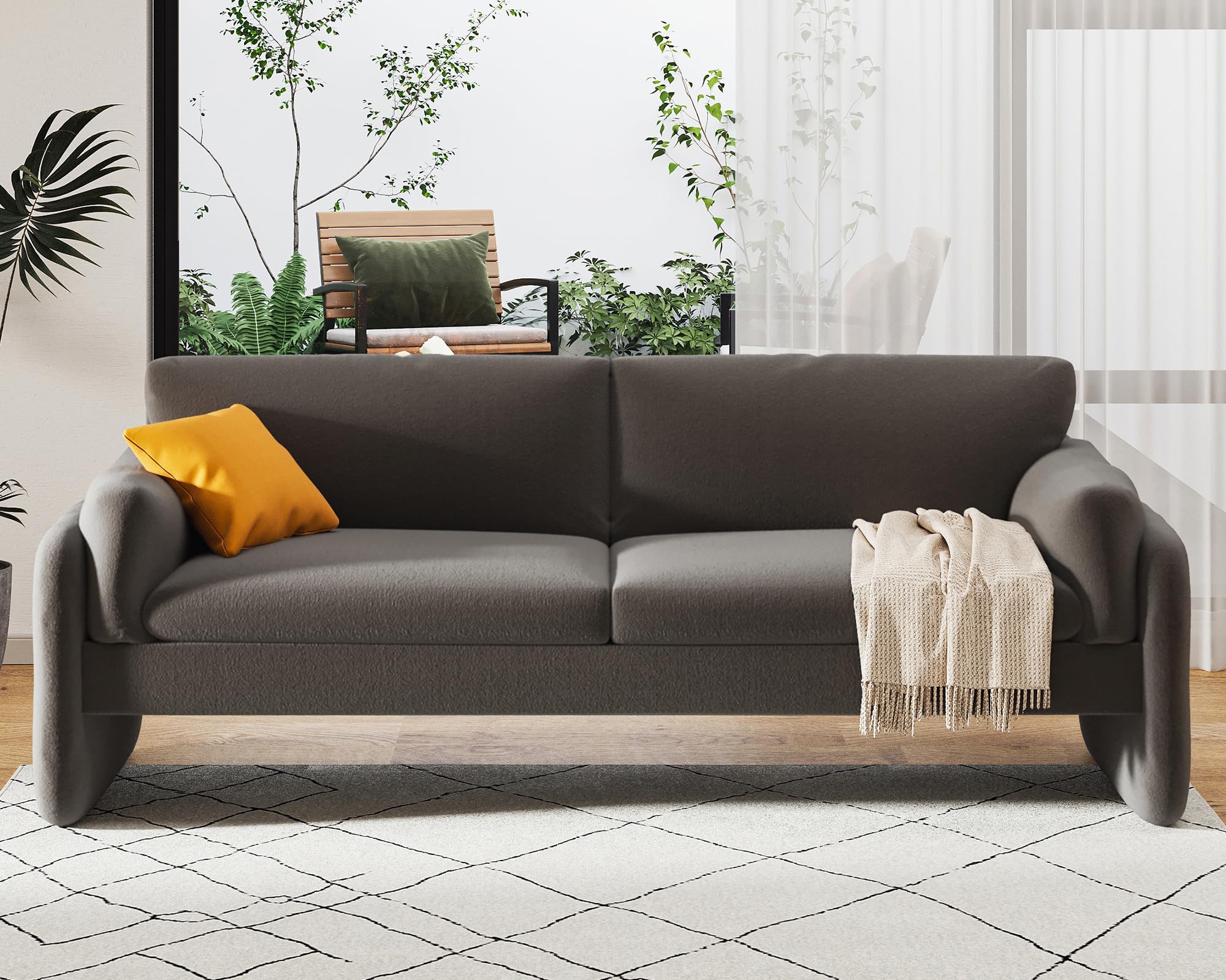 papababe Sofa Couch, Modern Couches with Embedded Armrest, 3-Seater Couch for Living Room, Grey Bouclé Cozy Couch