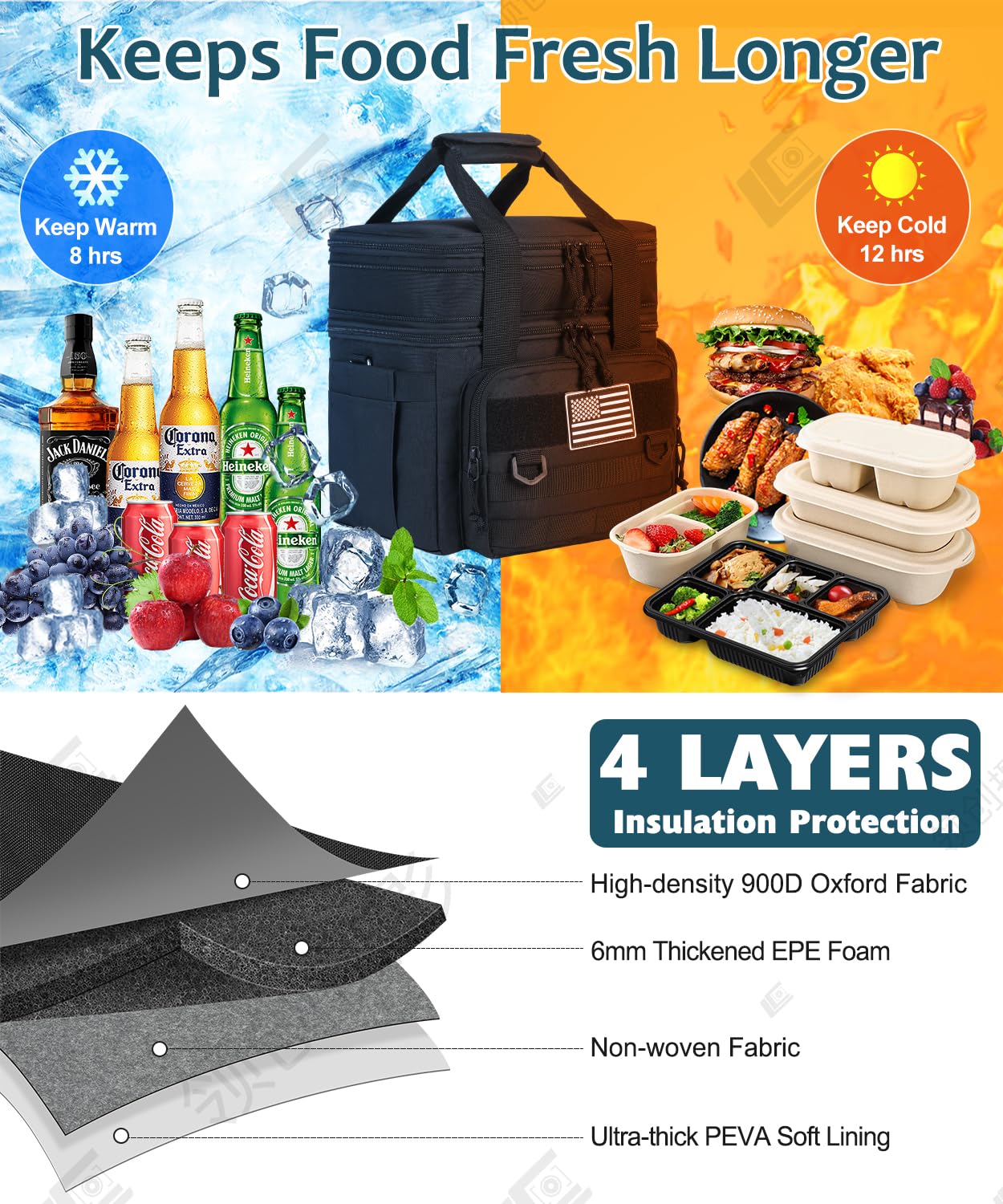 SumeStar Insulated Lunch Bag for Women Men, Freezable Large Lunch Bag 15L, Reusable Leakproof Lunch Box Cooler Tote Bag for Work Picnic School or Travel, Double Compartment, Black
