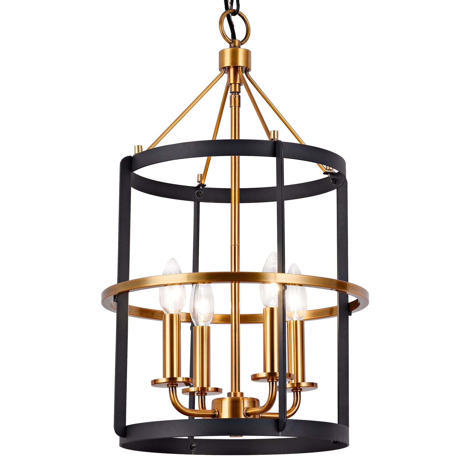 Modern Chandelier,4-Light Lantern Pendant Light,Matte Black and Brass Finish, Light Fixtures Ceiling Hanging,Chandelier Light Fixture for DiningRoom,Kitchen,Foyer,Entryway