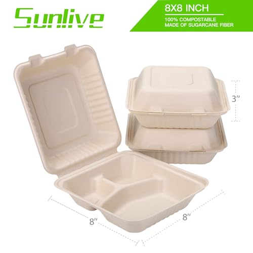 Sunlive 100% Home Compostable 50 Pack Disposable Clamshell Take Out Food Containers, 8X8'' 3-Compartment to go Containers, Biodegradable Heavy-Duty to go Boxes, Made of Sugarcane Fibers