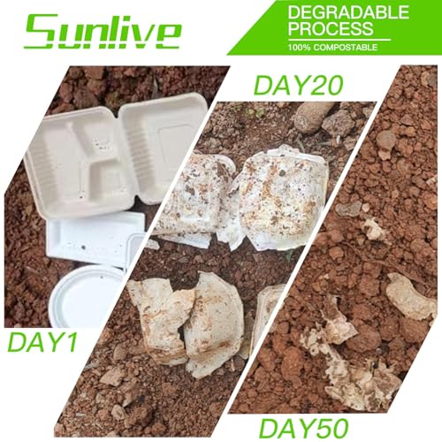 Sunlive 100% Home Compostable 50 Pack Disposable Clamshell Take Out Food Containers, 8X8'' 3-Compartment to go Containers, Biodegradable Heavy-Duty to go Boxes, Made of Sugarcane Fibers