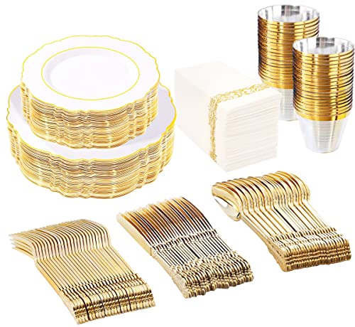 WDF 50Guest Gold Plastic Plates - Disposable White and Gold Plastic Plates include 100Plates, 150Gold Plastic Silverware, 50Cups, 50Napkins Plates for Wedding&Parties