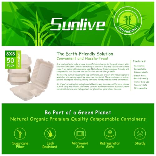 Sunlive 100% Home Compostable 50 Pack Disposable Clamshell Take Out Food Containers, 8X8'' 3-Compartment to go Containers, Biodegradable Heavy-Duty to go Boxes, Made of Sugarcane Fibers