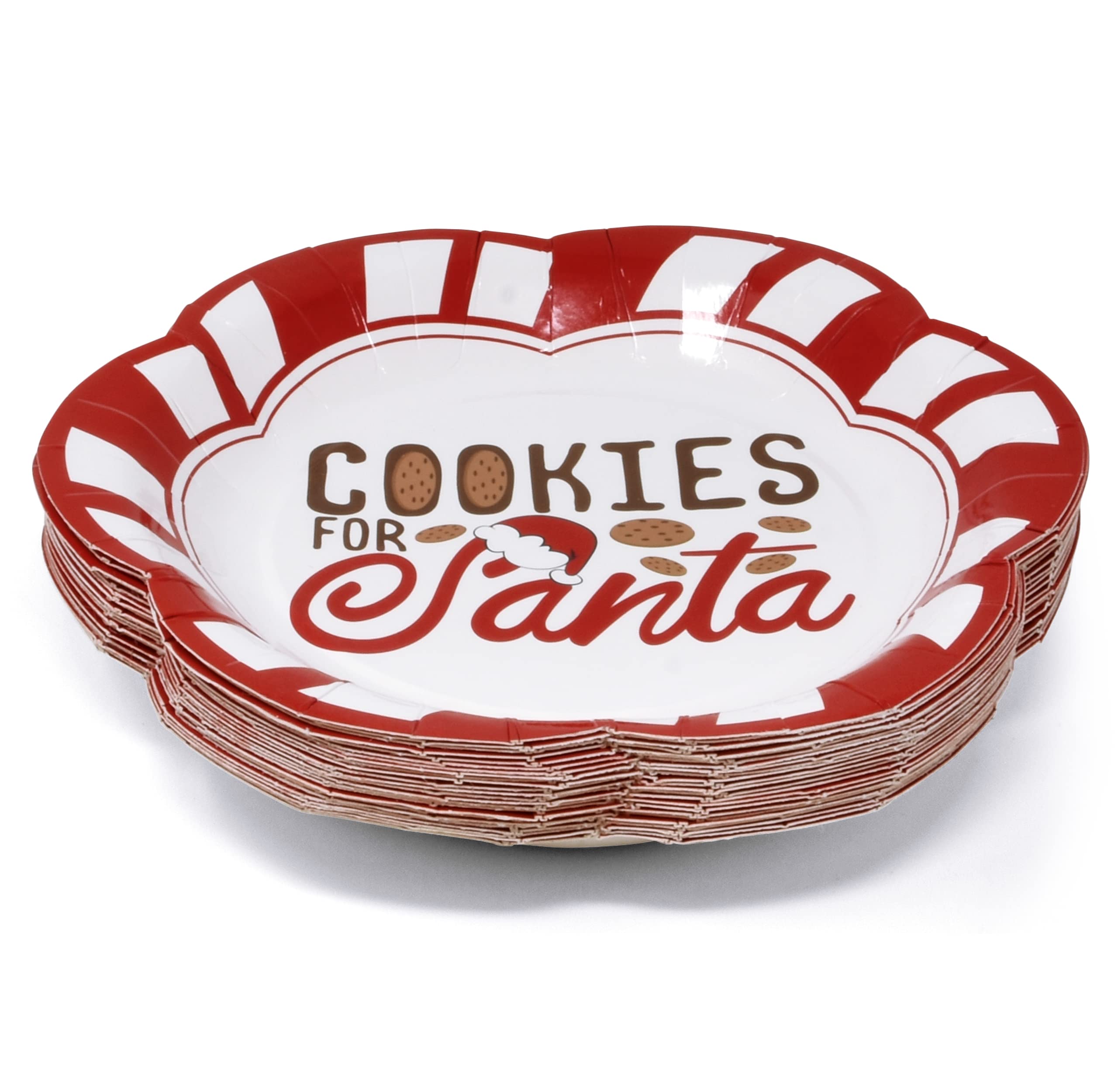 Gift Boutique 24 Disposable Xmas Santa Milk & Cookies Cup & Saucers Set 7 Oz Paper Mug with Handle 7" Scallop Shaped Saucer Plate for Tea Hot Cocoa Chocolate Coffee Mugs Holiday Xmas Dinner Supply