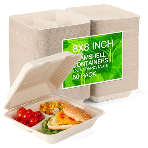 Sunlive 100% Home Compostable 50 Pack Disposable Clamshell Take Out Food Containers, 8X8'' 3-Compartment to go Containers, Biodegradable Heavy-Duty to go Boxes, Made of Sugarcane Fibers