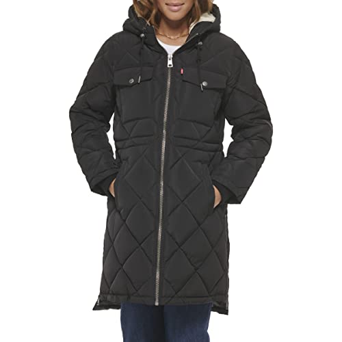 Levi's Women's Soft Sherpa Lined Diamond Quilted Long Parka Jacket (Standard & Plus Sizes), Black, XX-Large