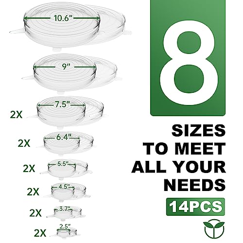 14 Pack Silicone Stretch Lids, 8 Different Sizes Leak-Proof Reusable Stretch Lids Include XXXL Diameter of 10.6” Food Storage Covers for 2.6”-13” Container, Microwave & Dishwasher & Refrigerator Safe