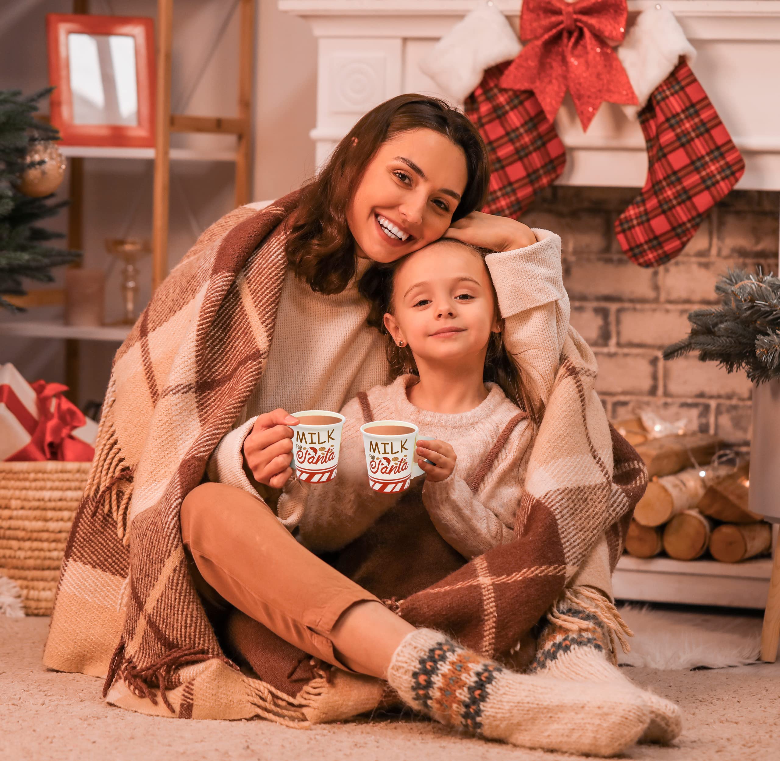 Gift Boutique 24 Disposable Xmas Santa Milk & Cookies Cup & Saucers Set 7 Oz Paper Mug with Handle 7" Scallop Shaped Saucer Plate for Tea Hot Cocoa Chocolate Coffee Mugs Holiday Xmas Dinner Supply