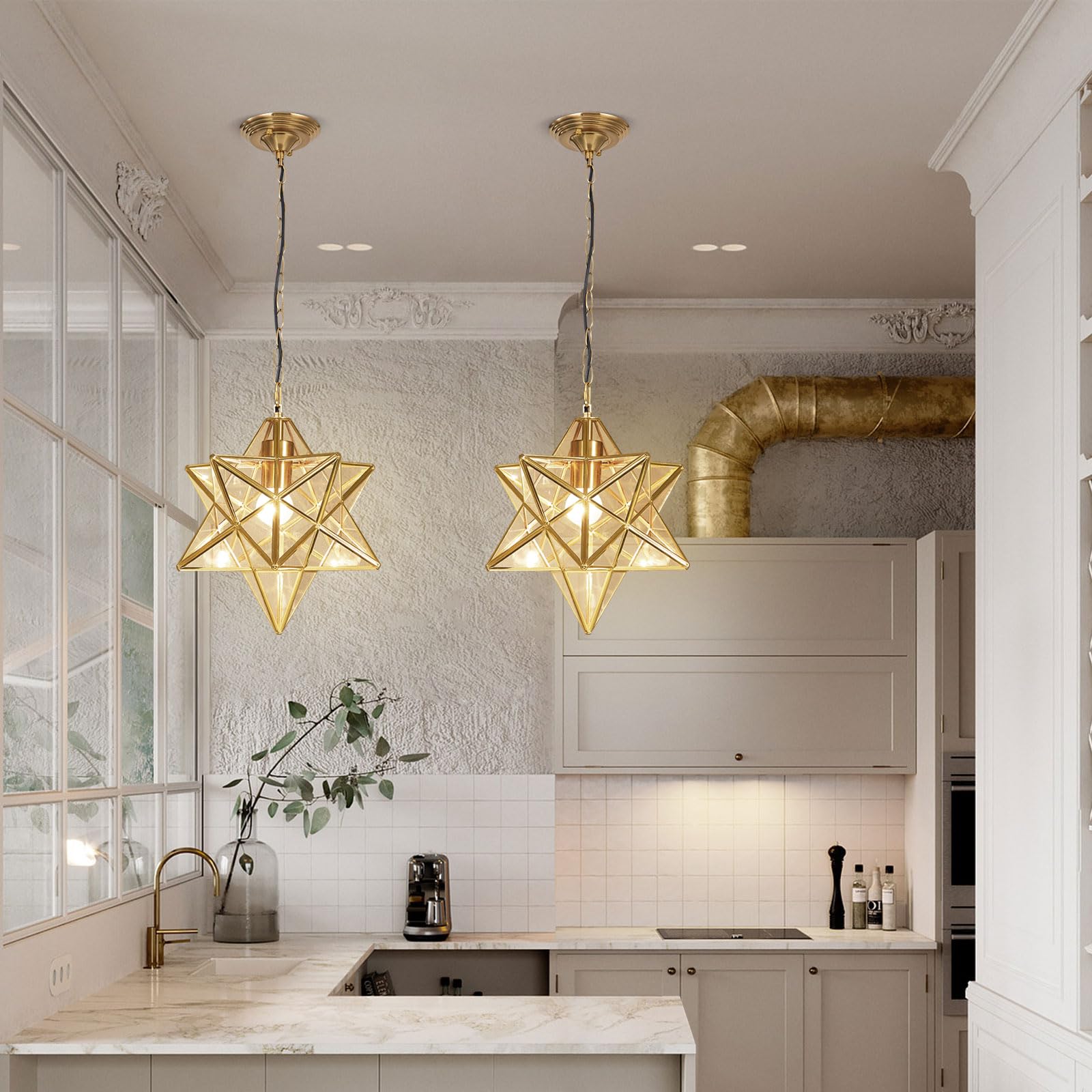 IBalody Moravian Star Pendant Light Gold Copper Hanging Light Star Lights Fixture Dining Room Kitchen Island Pendant Lighting Pendant Lamp 11 in with Clear Glass Shade