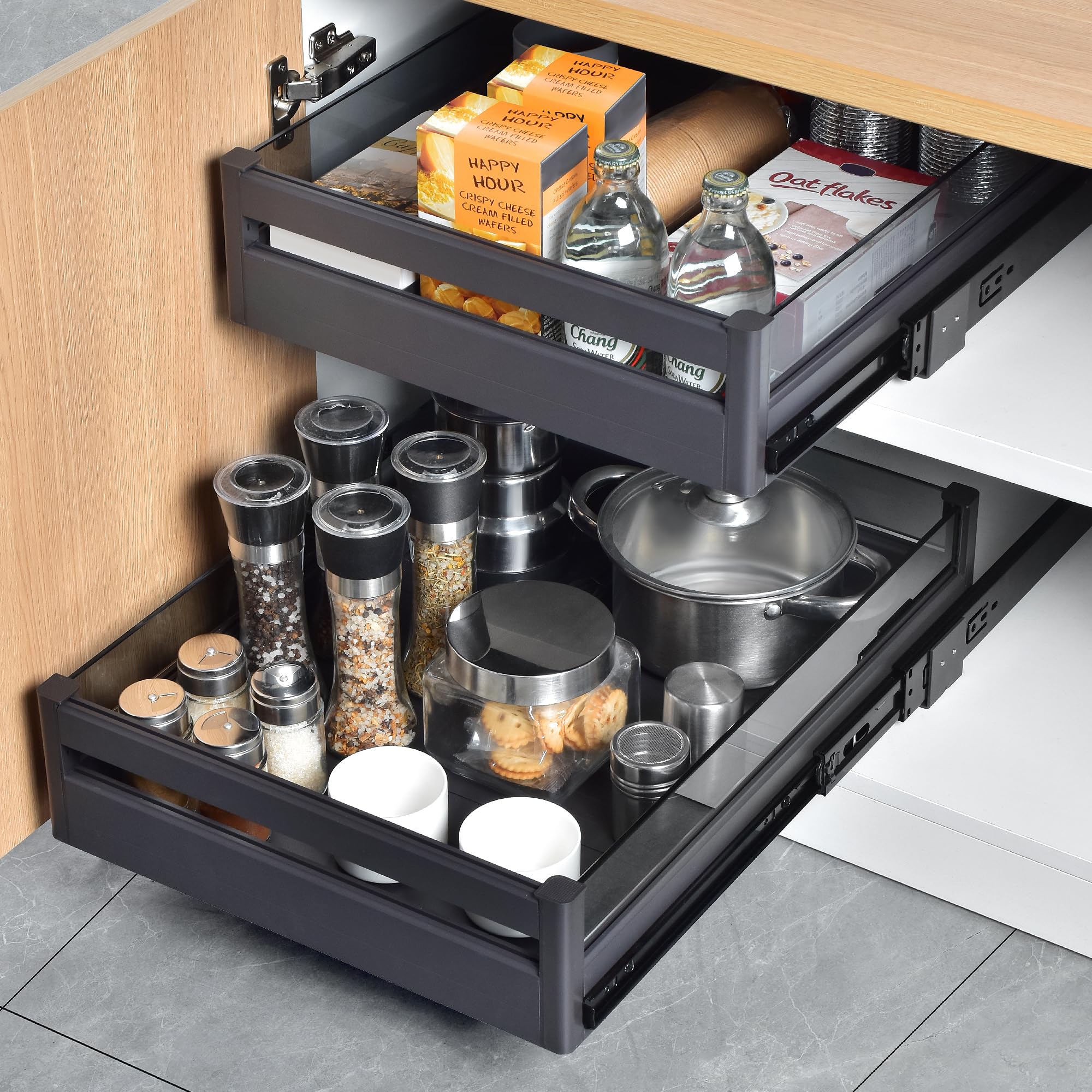 YOHOM Pull-Out Drawer Organizer Single Tier Sliding Drawer Organizer for Kitchen Cabinets, Aluminum Pull Out Tray with Dividers, DIY Installation 17" W x 21" D
