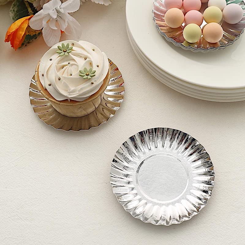 Balsa Circle 50 Metallic Silver 3.5 in Round Disposable Dessert Paper Plates Scalloped Trim Party Events Reception Home Decorations Supplies