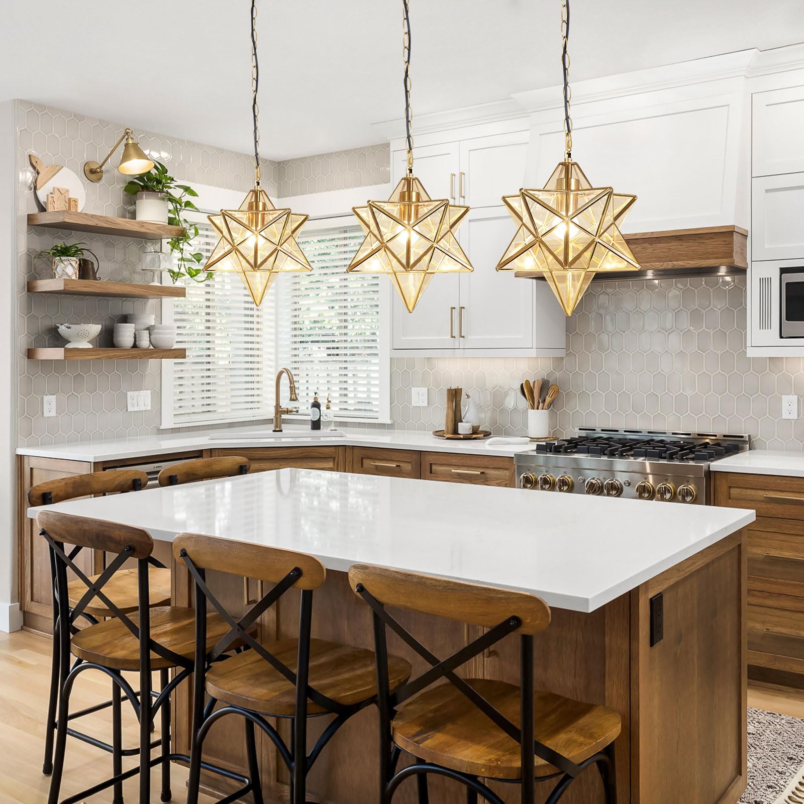 IBalody Moravian Star Pendant Light Gold Copper Hanging Light Star Lights Fixture Dining Room Kitchen Island Pendant Lighting Pendant Lamp 11 in with Clear Glass Shade