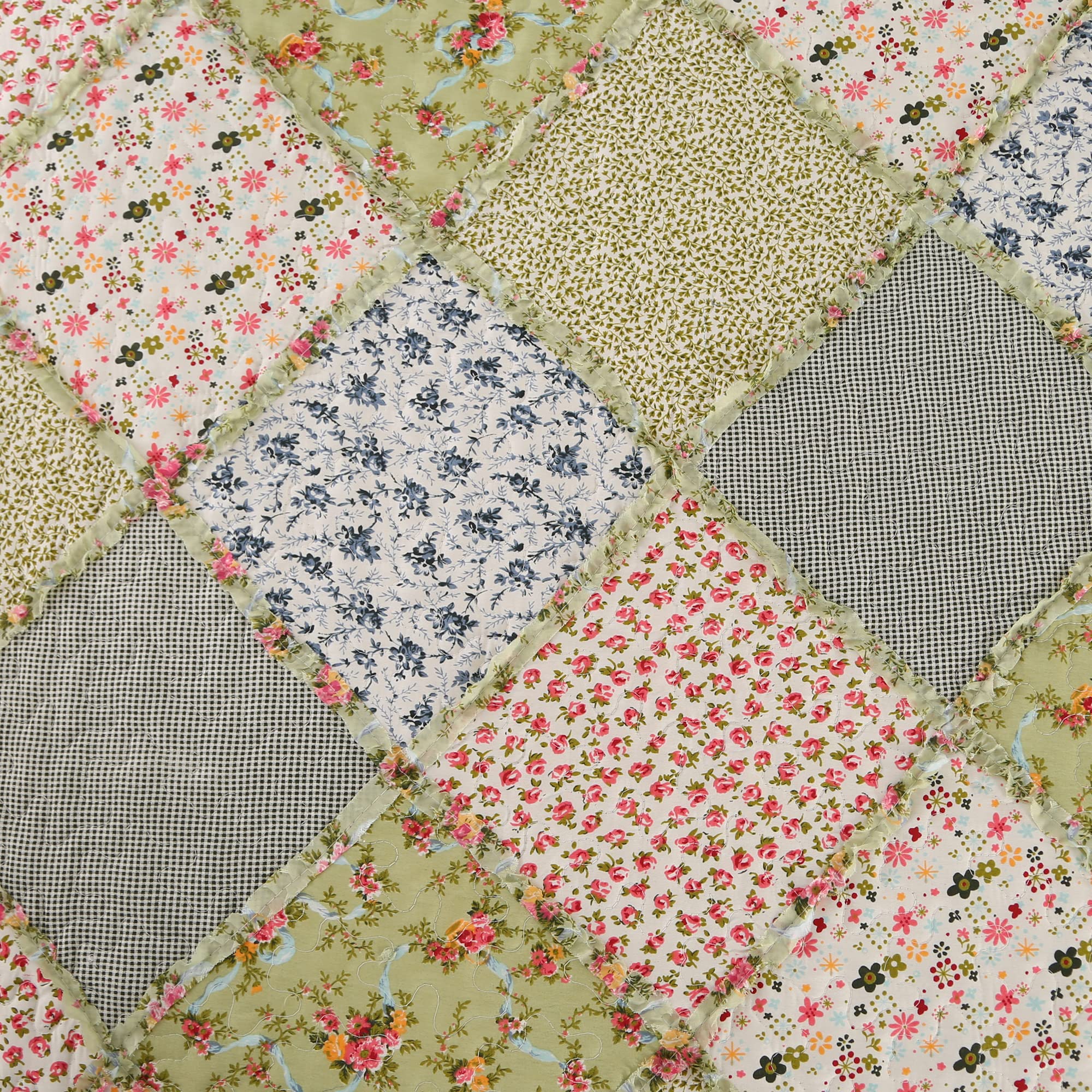 King Size Patchwork Quilt Set Green Floral Reversible Quilted Bedspread Coverlet Set 3-Piece Comforter Lightweight Stitched Quilt Bedding Set Bed Cover Blanket with 2 Pillow Shams for All Seasons