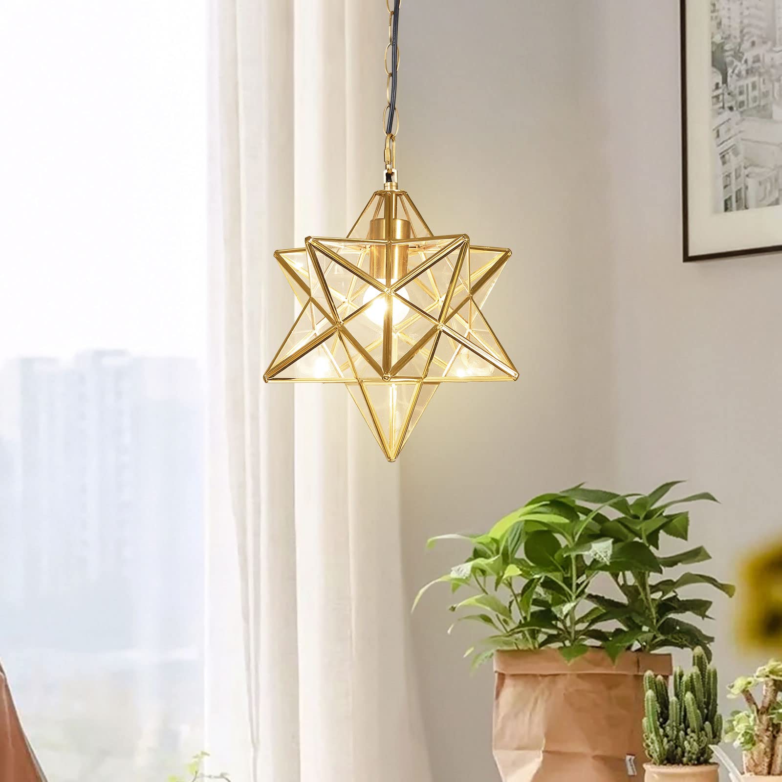 IBalody Moravian Star Pendant Light Gold Copper Hanging Light Star Lights Fixture Dining Room Kitchen Island Pendant Lighting Pendant Lamp 11 in with Clear Glass Shade