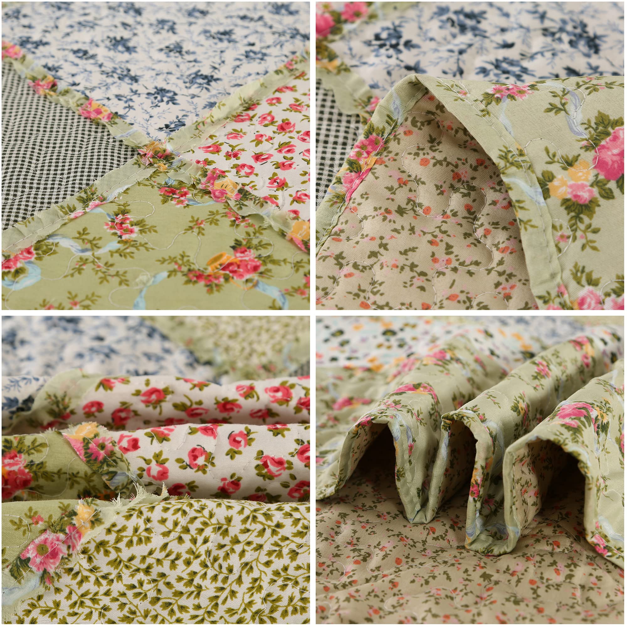 King Size Patchwork Quilt Set Green Floral Reversible Quilted Bedspread Coverlet Set 3-Piece Comforter Lightweight Stitched Quilt Bedding Set Bed Cover Blanket with 2 Pillow Shams for All Seasons