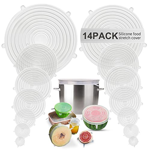 14 Pack Silicone Stretch Lids, 8 Different Sizes Leak-Proof Reusable Stretch Lids Include XXXL Diameter of 10.6” Food Storage Covers for 2.6”-13” Container, Microwave & Dishwasher & Refrigerator Safe