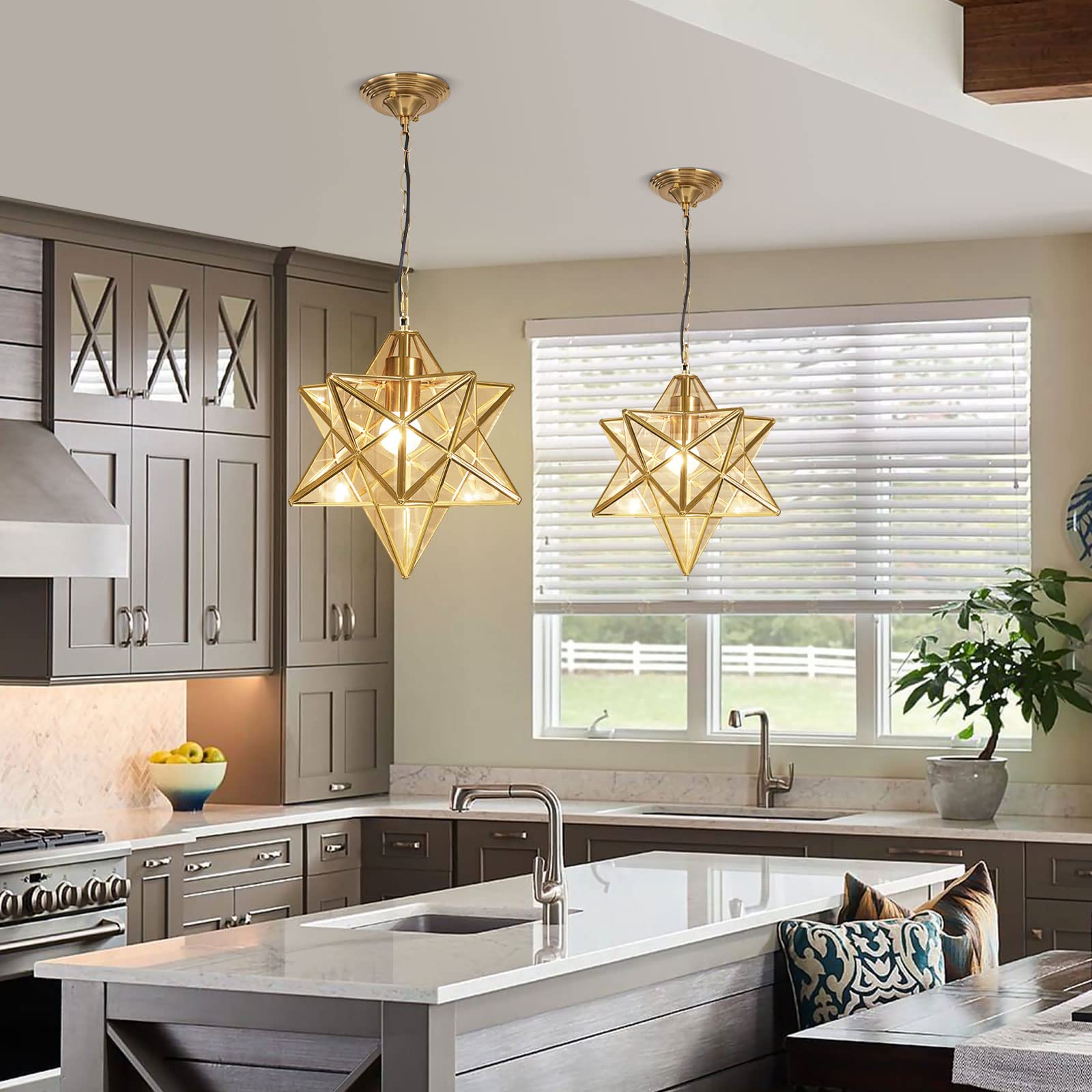 IBalody Moravian Star Pendant Light Gold Copper Hanging Light Star Lights Fixture Dining Room Kitchen Island Pendant Lighting Pendant Lamp 11 in with Clear Glass Shade