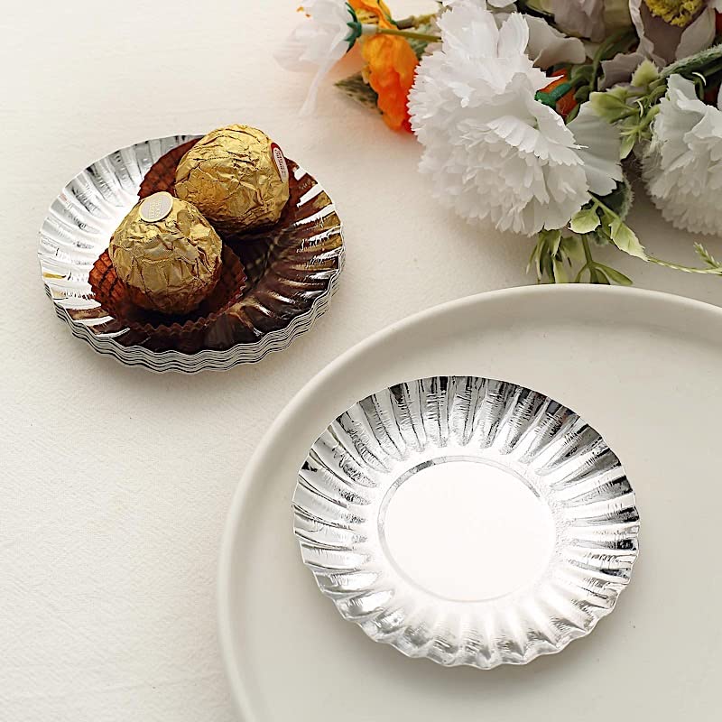 Balsa Circle 50 Metallic Silver 3.5 in Round Disposable Dessert Paper Plates Scalloped Trim Party Events Reception Home Decorations Supplies