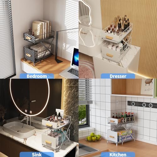 SweeTinytwo 2 Tier Under Sink Organizers and Storage, Kitchen Cabinet Pull Out Shelves with Height Adjustment (40CM Two Level Adjustment, White)