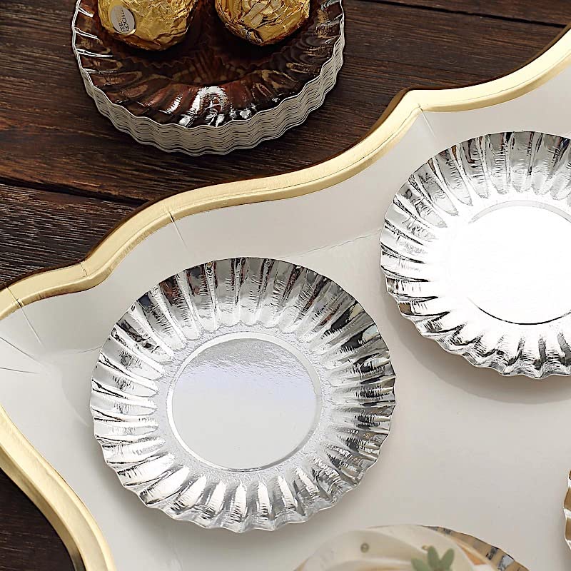 Balsa Circle 50 Metallic Silver 3.5 in Round Disposable Dessert Paper Plates Scalloped Trim Party Events Reception Home Decorations Supplies