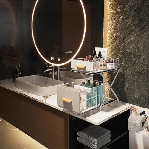 SweeTinytwo 2 Tier Under Sink Organizers and Storage, Kitchen Cabinet Pull Out Shelves with Height Adjustment (40CM Two Level Adjustment, White)