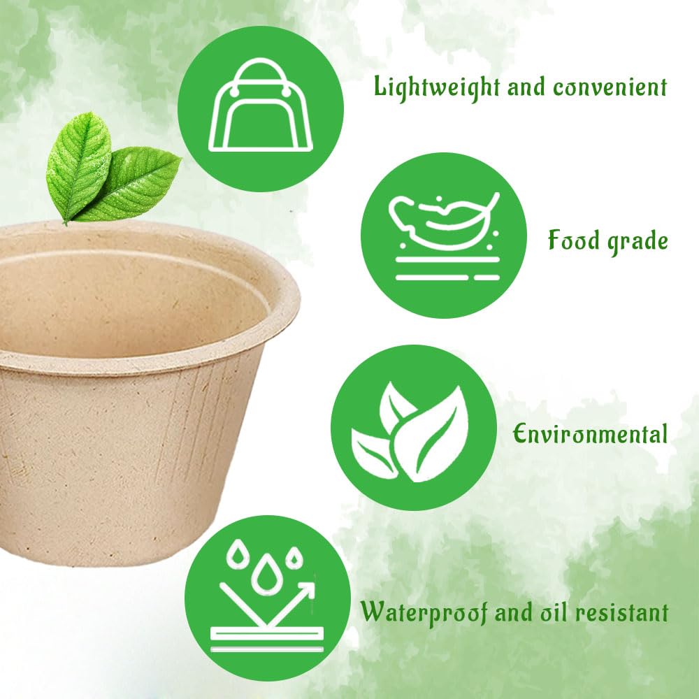 FUYCIEUM 150 Pieces Bagasse Fiber Souffle Cups with Lids, 4 Oz Biodegradable Sample Cups, Compostable Portion Cups for Condiment, Dips, Jams, Tomato Sauce, Snack, Honey, Nuts, Butter, Biscuits