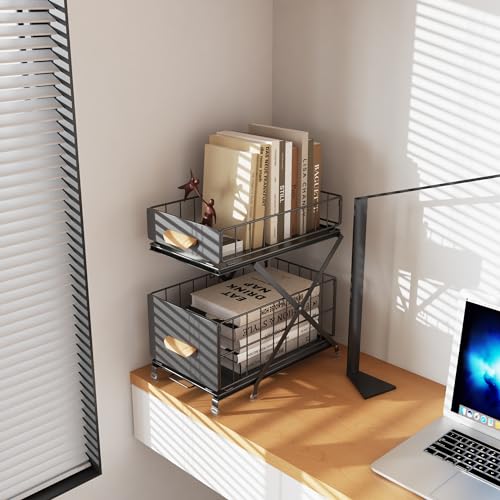 SweeTinytwo 2 Tier Under Sink Organizers and Storage, Kitchen Cabinet Pull Out Shelves with Height Adjustment (40CM Two Level Adjustment, White)