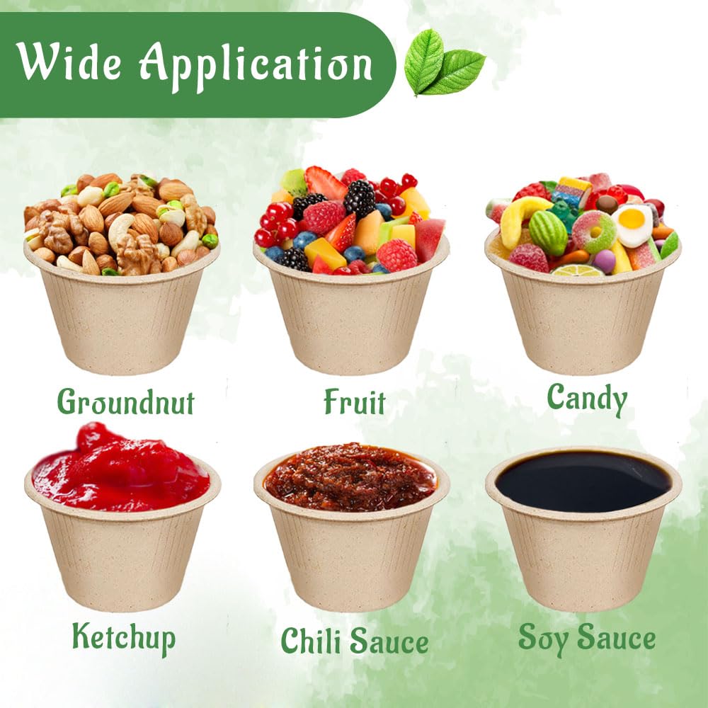 FUYCIEUM 150 Pieces Bagasse Fiber Souffle Cups with Lids, 4 Oz Biodegradable Sample Cups, Compostable Portion Cups for Condiment, Dips, Jams, Tomato Sauce, Snack, Honey, Nuts, Butter, Biscuits