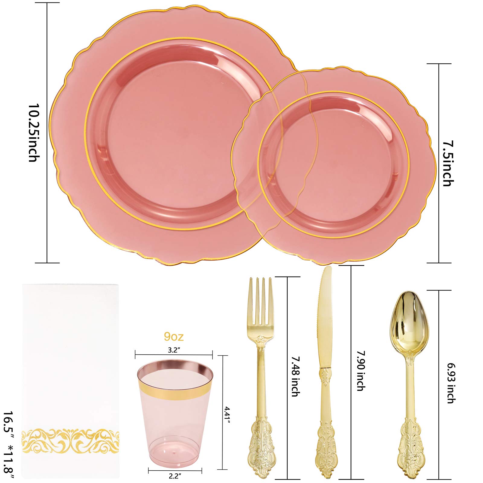 KIRE 210Pcs Clear Pink Plastic Plates with Gold Rim& Disposable Gold Plastic Silverware &Pink Cups&Hand Napkin- Plum Colored Plastic Dinnerware for Upscale Wedding & Mothers Day & Easter