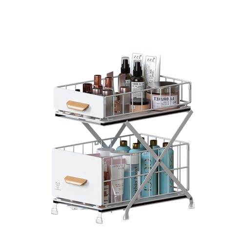 SweeTinytwo 2 Tier Under Sink Organizers and Storage, Kitchen Cabinet Pull Out Shelves with Height Adjustment (40CM Two Level Adjustment, White)