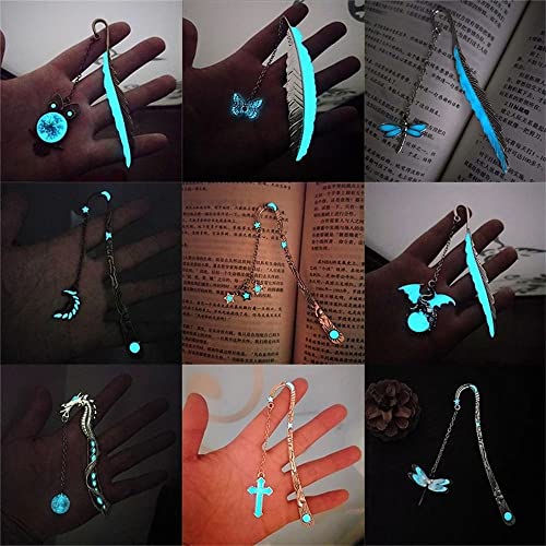 Metal Feather Bookmark Book Marks with Butterfly Pendant Glow in The Dark Dragonfly Owl Dragon Bookmark for Book Lovers(Silver Small Butterfly)