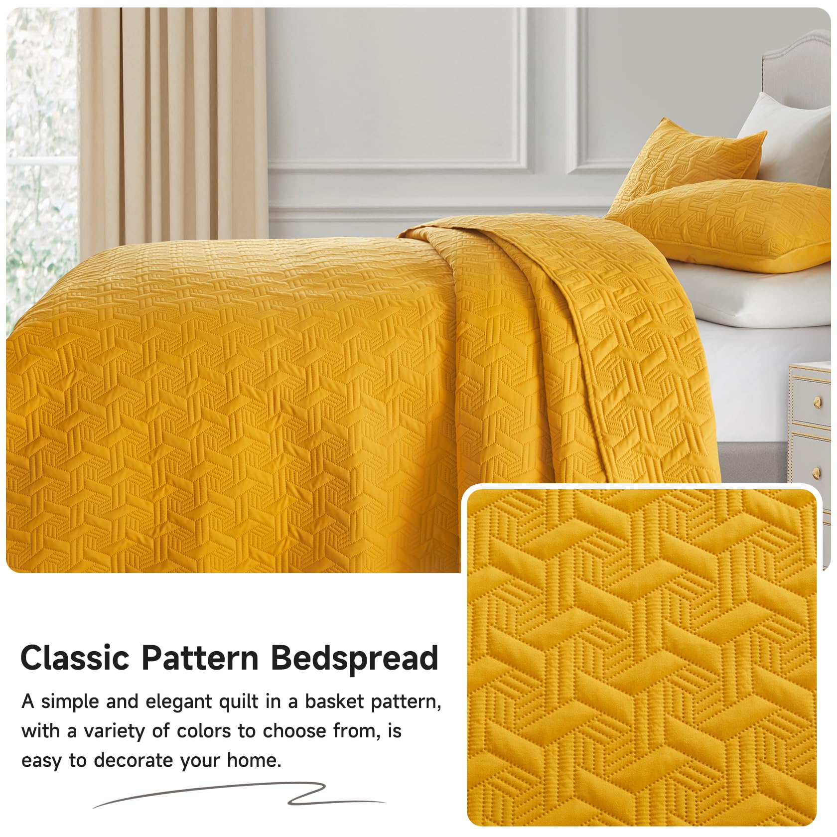 Lavsiry Mustard Yellow Quilt Full/Queen Size Bedding Set, Summer Thin Microfiber Quilted Bedspread & Coverlet, Soft Lightweight Comforter for All Seasons - 3 Piece(1 Quilt, 2 Pillow Shams)