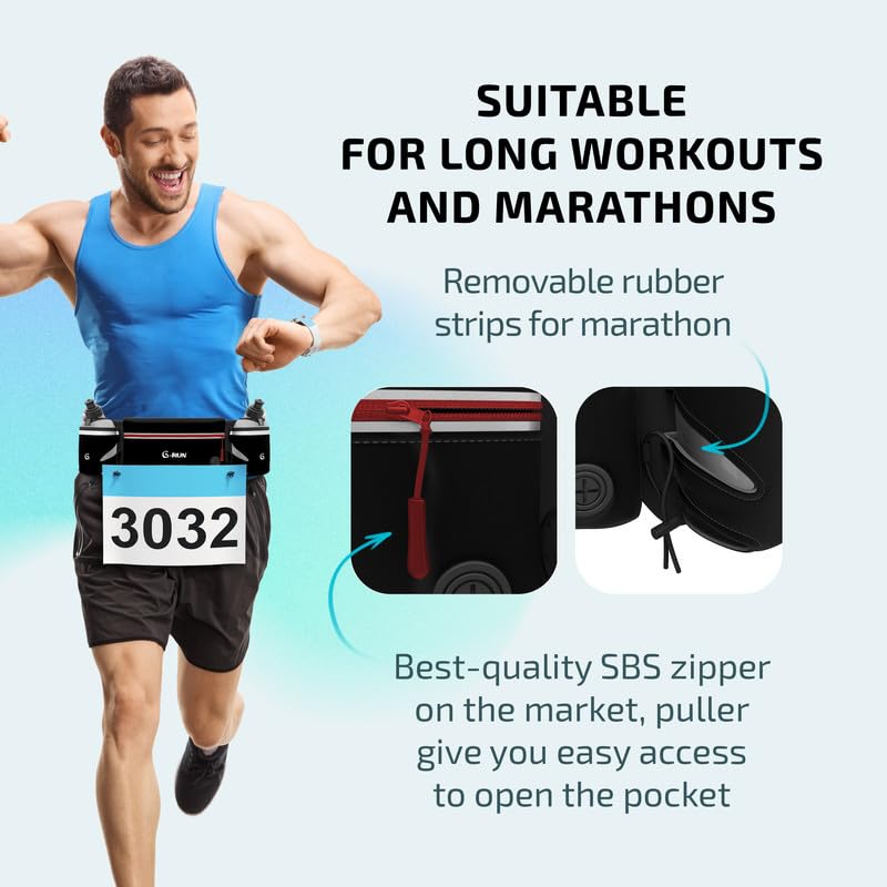 Hydration Running Belt with Bottles - Water Belts for Woman and Men - iPhone Belt for Any Phone Size - Fuel Marathon Waist Pouch for Runners - Jogging Cycling Biking Red