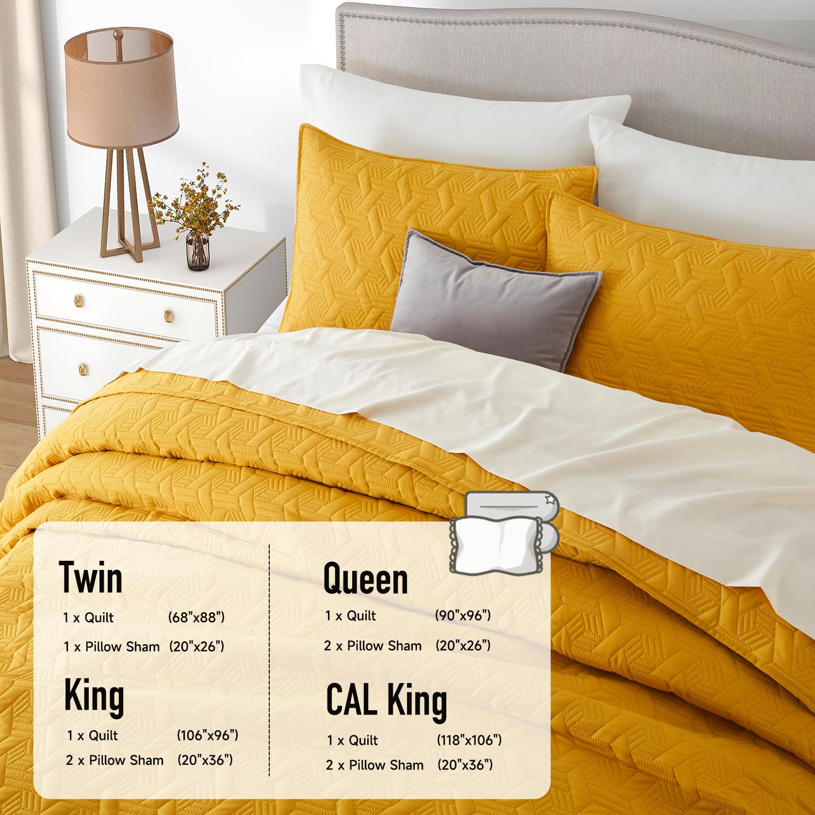 Lavsiry Mustard Yellow Quilt Full/Queen Size Bedding Set, Summer Thin Microfiber Quilted Bedspread & Coverlet, Soft Lightweight Comforter for All Seasons - 3 Piece(1 Quilt, 2 Pillow Shams)