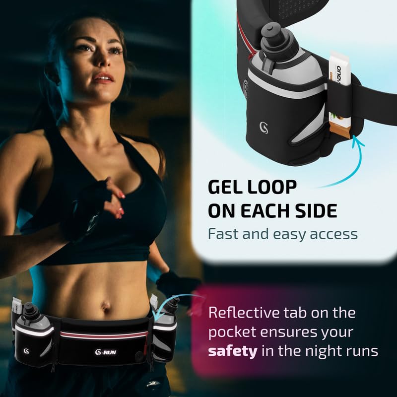 Hydration Running Belt with Bottles - Water Belts for Woman and Men - iPhone Belt for Any Phone Size - Fuel Marathon Waist Pouch for Runners - Jogging Cycling Biking Red