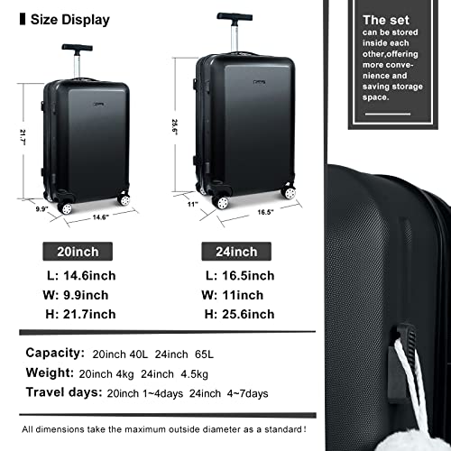 GigabitBest 24 Inch Carry On Luggage with Wheels PC+ABS Hardside Suitcase Spinner Trolley with Built-in TSA Lock, Black