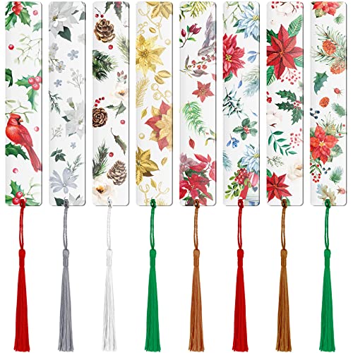 8 Pcs Christmas Flower Acrylic Bookmarks Transparent Acrylic Bookmarks with Colorful Tassels Christmas Red Birds Poinsettia Pine Cones Book Marks for Women Girls Teachers Kids Students