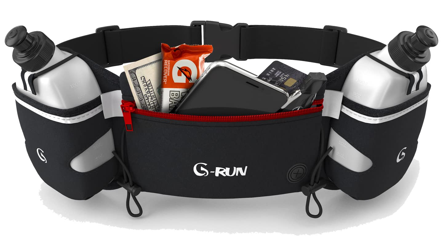 Hydration Running Belt with Bottles - Water Belts for Woman and Men - iPhone Belt for Any Phone Size - Fuel Marathon Waist Pouch for Runners - Jogging Cycling Biking Red