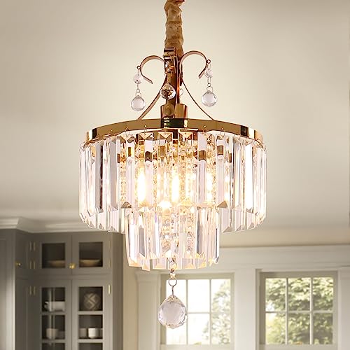 Zenouidle Modern Crystal Chandelier Crystal Pendant Light Fixture 2-Tier Round Flush Mount Ceiling Light for Dining Room Bedrooms Living Room Entryway,Gold(E26 Base)