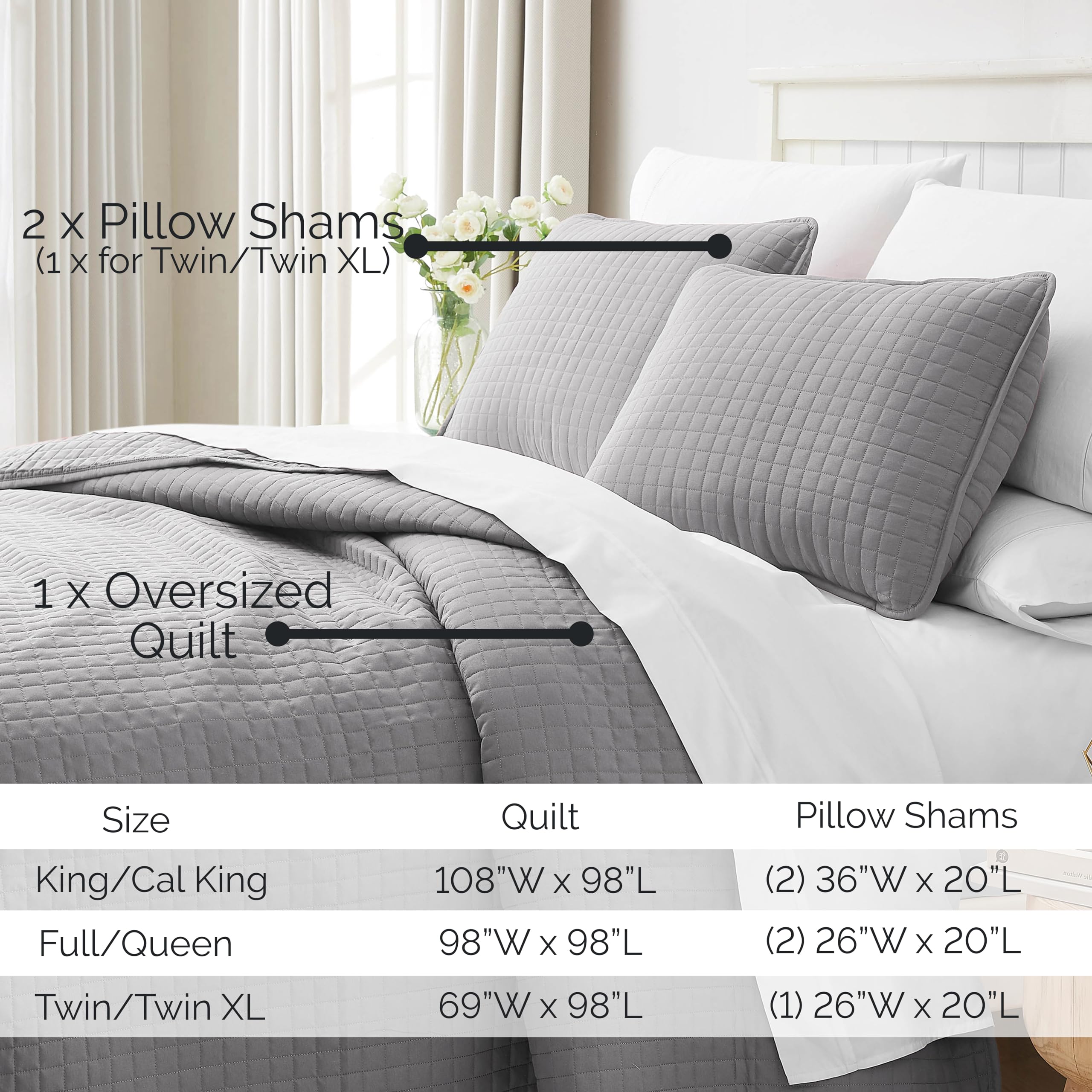 Southshore Fine Living, Inc. Oversized King Quilt Bedding Set, Soft Brushed Microfiber Bedspread, Pet Hair Resistant Bedding, California/King Quilt Coverlet Set with 2 Shams, Steel Grey